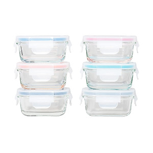 GENICOOK Borosilicate Glass Small Baby-Size Meal and Food Storage Containers, Rectangular Shape - 12 pc Set (6 Containers - 6 Matching Lids)