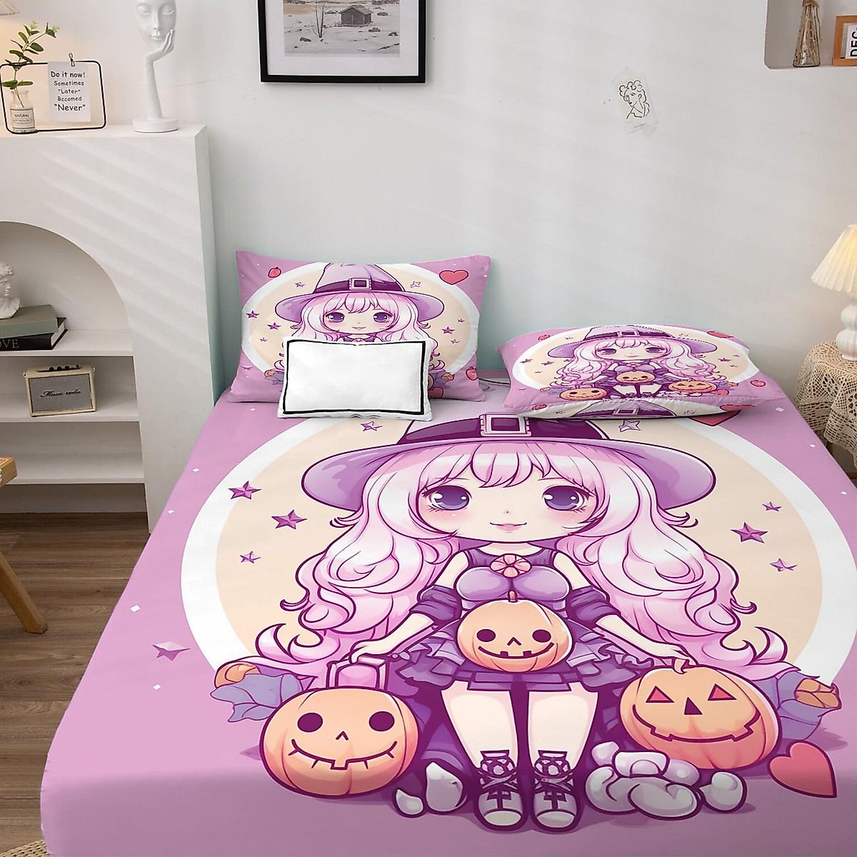 Witchy Sheets Twin Size, Halloween Pumpkin Bed Sheets, Patterned Bedding Sheets & Pillowcases 3 Piece Set - Soft Microfiber Deep Pocket Fitted Sheet & Flat Sheet & Pillow Case L5-&-124