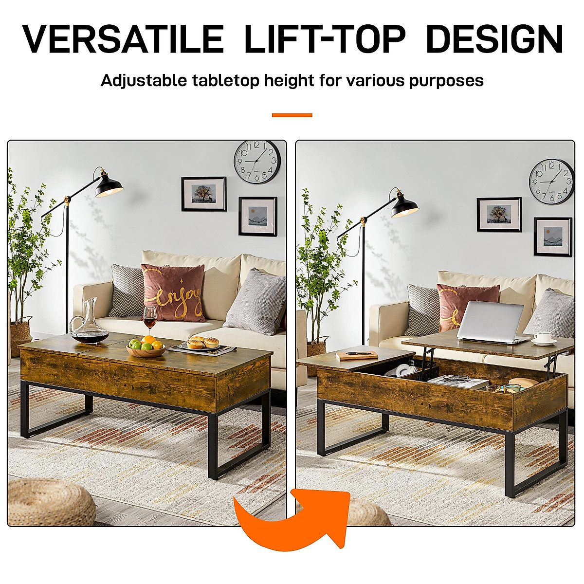 Yaheetech Lift Top Coffee Table with Storage, Industrial Coffee Table with Hidden Compartment & Lift Tabletop for Living Room, Rustic Brown