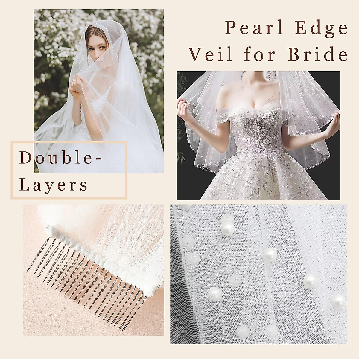 YAEISM Pearl Edge Wedding Veil 2 Tier Beaded Bridal Veils Fingertip Length White Veil Double Layer Pearl Veil with Comb Gorgeous Bachelorette Veil for Bride