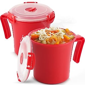 Tafura Microwave Soup Mug with Lid and Handle. [Pack of 2] Microwavable Oatmeal Cereal Cup with Cover. Christmas Mug with Lid. Soup Travel Container with Lid. Spillproof, 22 Ounces, BPA-free.
