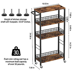 Slim Storage Cart Rolling Kitchen Cart with Wheels Narrow Laundry Storage Utility Cart 4 Tier Bathroom Mobile Shelving Unit Organizer with Wood Tabletop Trolly Cart with Handle for Small Spaces, Brown