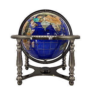 Limited Edition! Unique Art Since 1996 Blue Pearl Swirl Table Top Gemstone World Globe with Silver Zinc Alloy Stand (220MM/9 INCHES 4 LEG/BLUE PEARL OCEAN)