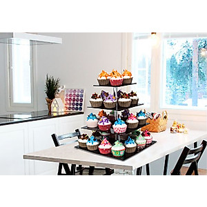 SinoAcrylic 4 Tier Square Cupcake Stand With Fantastic Plate - Dessert Display Holders - Black Stacked Party Cupcake Tree - Tiered Cake Stand - Cupcake Tower for Parties Birthday