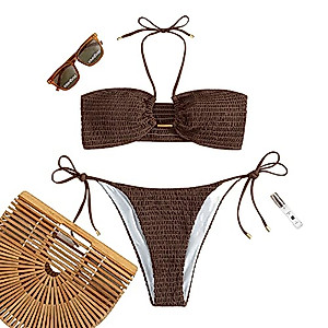 SweatyRocks Women's 2 Piece Bathing Suit Ribbed Tie Side Halter Bikini Swimsuit Coffee Brown M