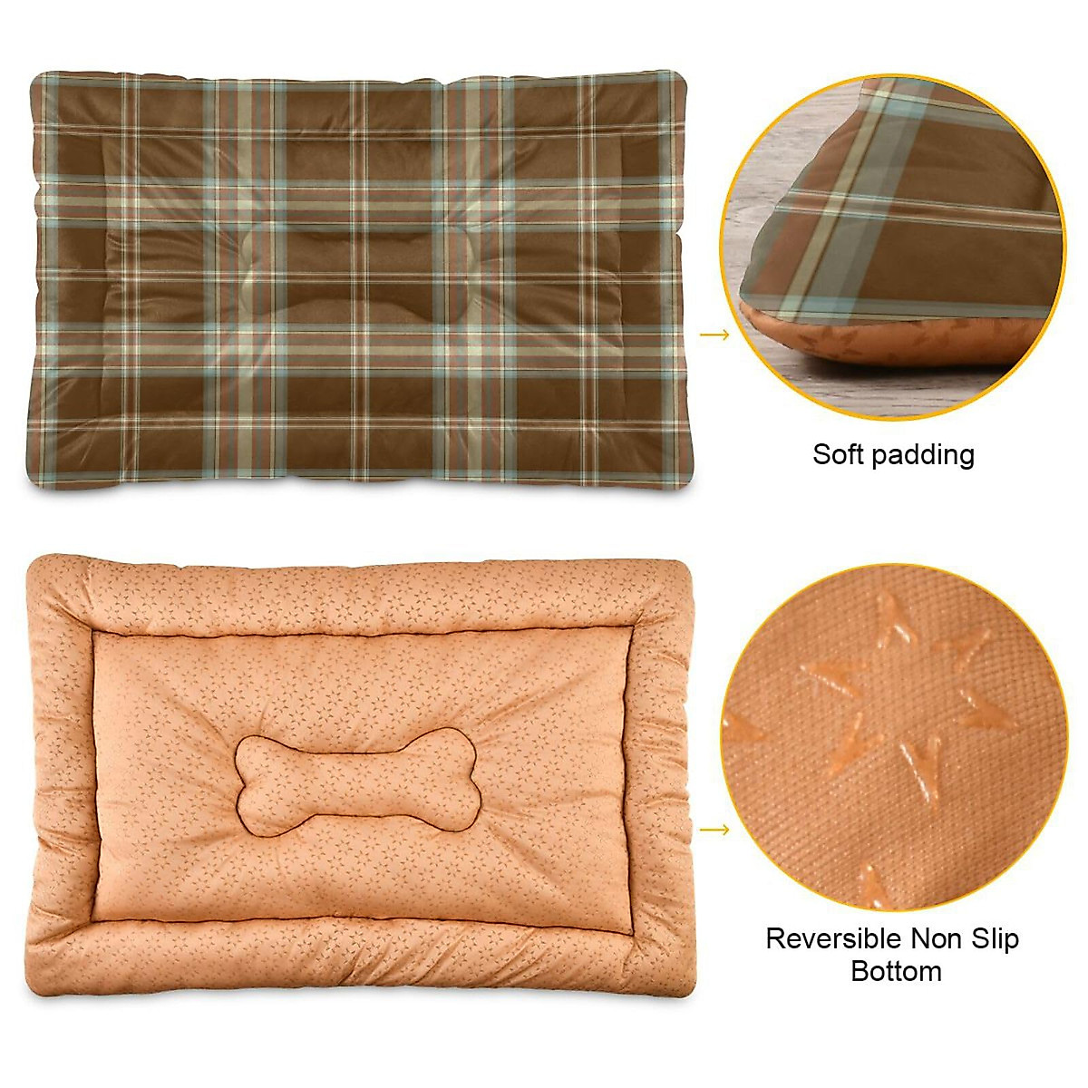 YETTASBIN Brown Plaid Crate Pet Bed, Portable Washable Dog Cat Mat, Soft Comfortable Pet Mattress with Non-Slip Bottom for Dogs Cats Sleeping, 24 x 18 Inch