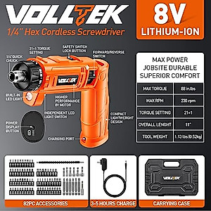 Volltek Cordless Screwdriver, 8V Max 10Nm Electric Screwdriver Rechargeable Set with 82 Accessory Kit and Charger in Carrying Case, 21+1 Cluth, Dual Position Handle, LED Light, VTCD2623
