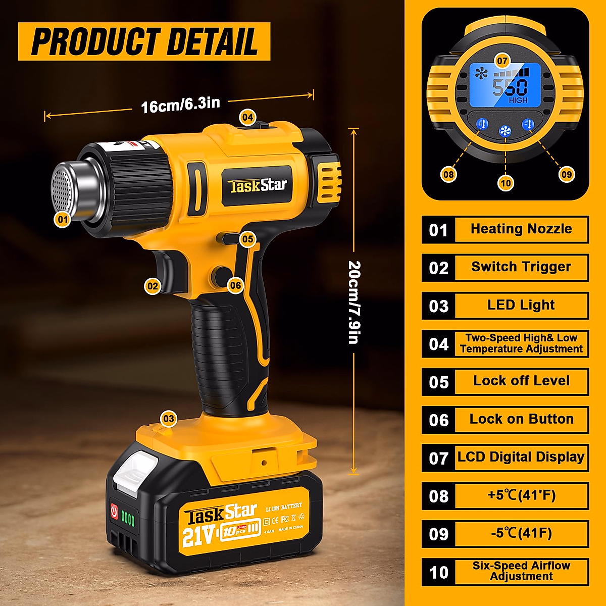 TaskStar Heat Gun with Two 4.0Ah Battery,21V Cordless Heat Gun 122℉-1022℉ Fast Heating Soldering,Hot Air Gun Kit with LCD Digital,6 Nozzle, Led Light,Suitcase for Shrink Tubing, PVC Wrap, Crafts