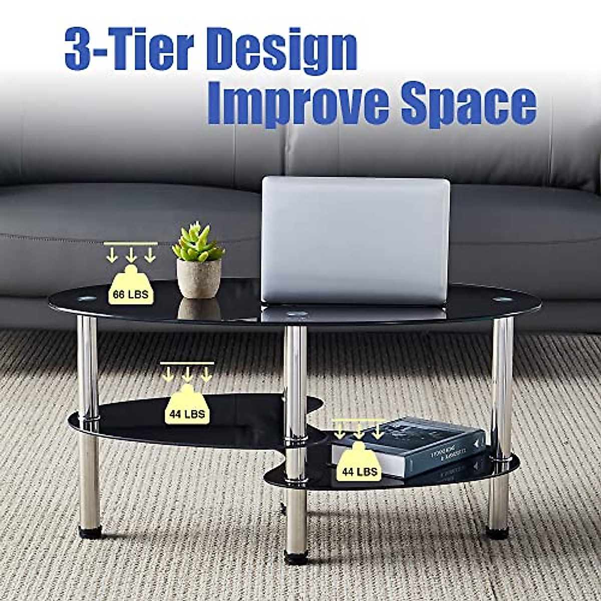 Oval-Shaped Glass Tea Table for Office, 3-Tier Modern Coffee Table, End Table for Living Room (Black)