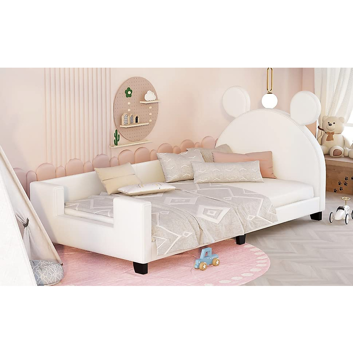 Harper & Bright Designs Twin Size Upholstered Daybed with Carton Ears Shaped Headboard Bed Frame for Boys Girls Kids Adults Toddler, White