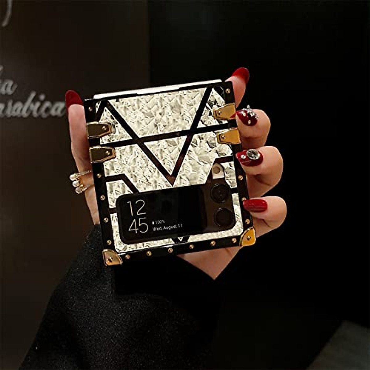 CCSmall Square Phone Case for Samsung Galaxy Z Flip3 with Ring Kickstand for Women Girly, Cute Elegant Metal Decoration Corner Soft TPU Case Cover for Samsung Galaxy Z Flip 3 BF Plaid Gold