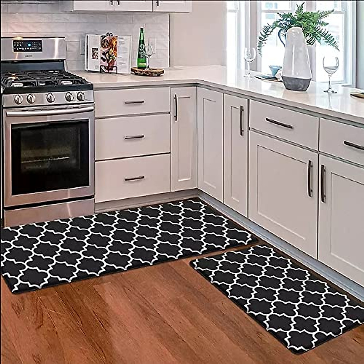 IO Anti Fatigue Mat Set of 2 Cushioned Standing Desk Mat and Kitchen Rug - Stain Resistant Waterproof and Non-Slip - Kitchen Office Home Sink Laundry - Black