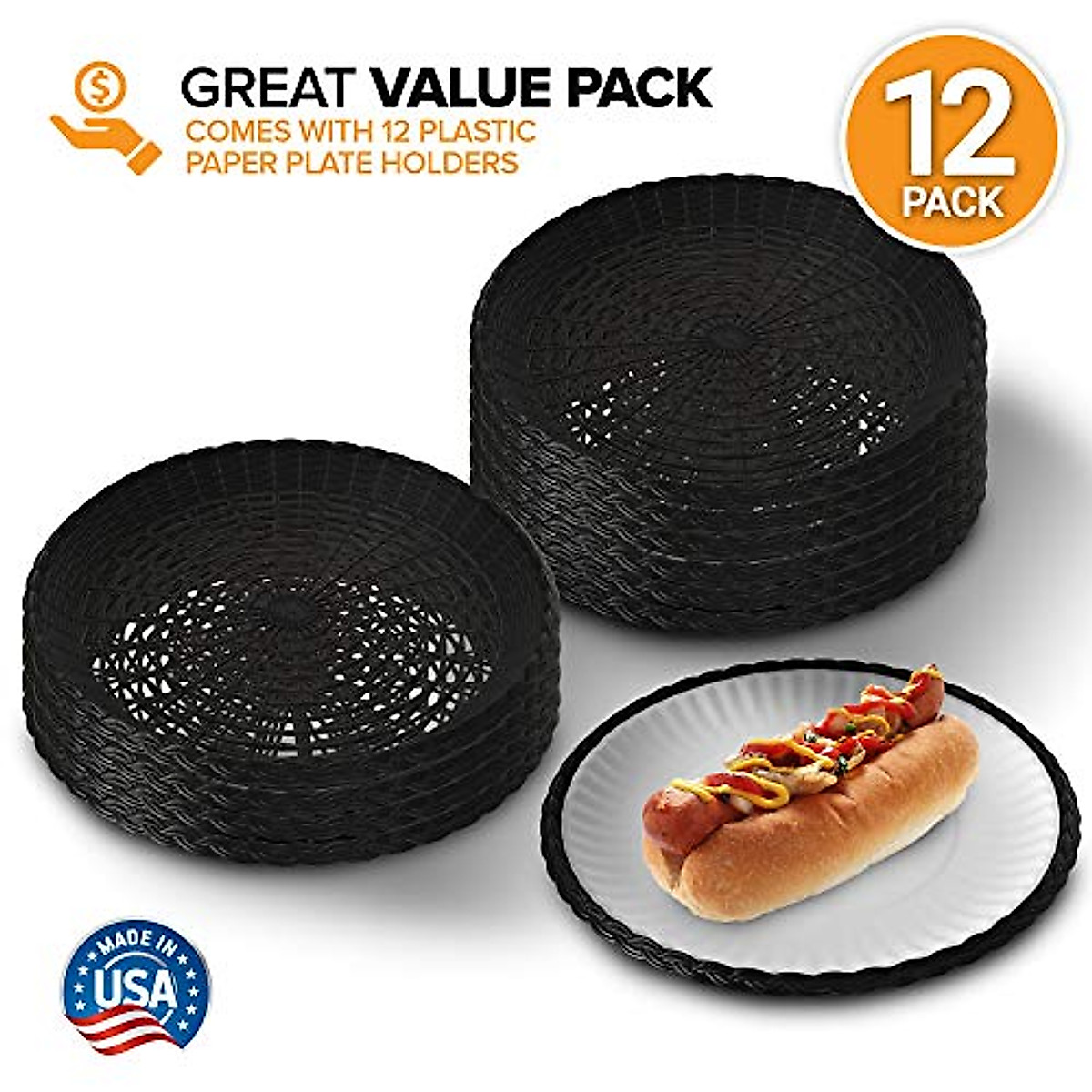 Stock Your Home 9” Paper Plate Holder in Black (12 Count) - Paper Plate Holders Plastic Heavy Duty - Plastic Paper Plate Holder - Woven Paper Plate Holder - Paper Plate Holders Reusable