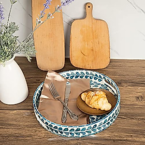 CLAYNIX Serving Tray 12.5 Inch, Lacquer Mother of Pearl Inlay Mosaic Tray, Round Wooden Marble Tray with Handles Trays for Tea, Breakfast (Leaf Style)
