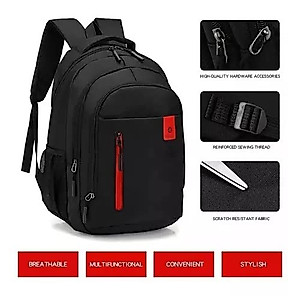Luke Sports Heavy Duty Notebook Backpack Black and Red Three Front Pockets Two Side Pockets Scratch-Proof Fabric