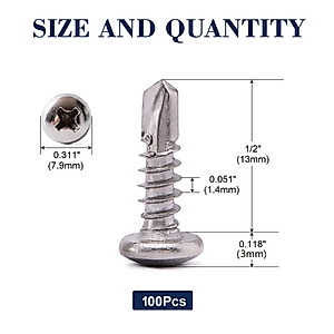 #8 x 1/2" Sheet Metal Screws 100Pcs 410 Stainless Steel Pan Head Fast Self Tapping Screws by SG TZH