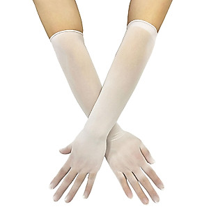 KKmeter Women's Seamless Nylon Mesh Ultra-thin Sheer Opera Length Glove Mittens (White)