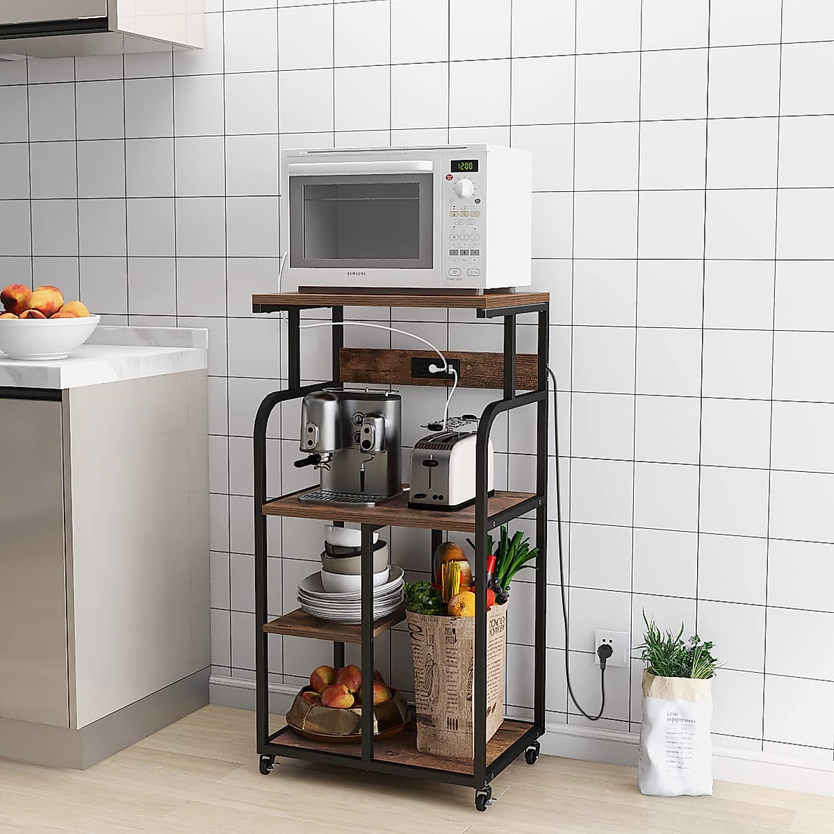 VEDECASA Mobile High Printer Stand with Power Outlet Charging Plugs USB Port Office Storage Shelf Includes Computer Tower CPU Stand Holder with Wheel (Brown)