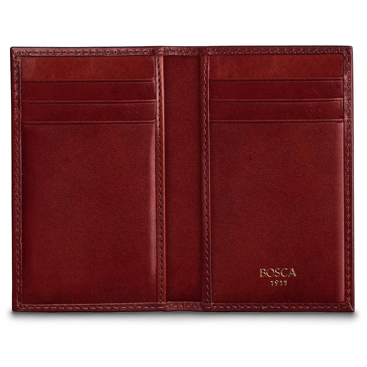 Bosca Men's Leather Card Holder Wallet – Italian Full Grain Vegetable Tanned Credit Card Case – 6 Card Slots, 2 Receipt Wells – Classic Glossy Finish – Gift-Ready Packaging - Dark Brown