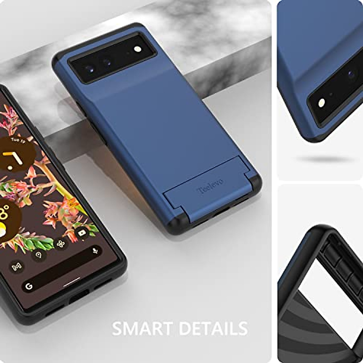 Teelevo Dual Layer Wallet Case for Google Pixel 6, Protective Case with 3-Card Storage for Google Pixel 6 - Navy Blue