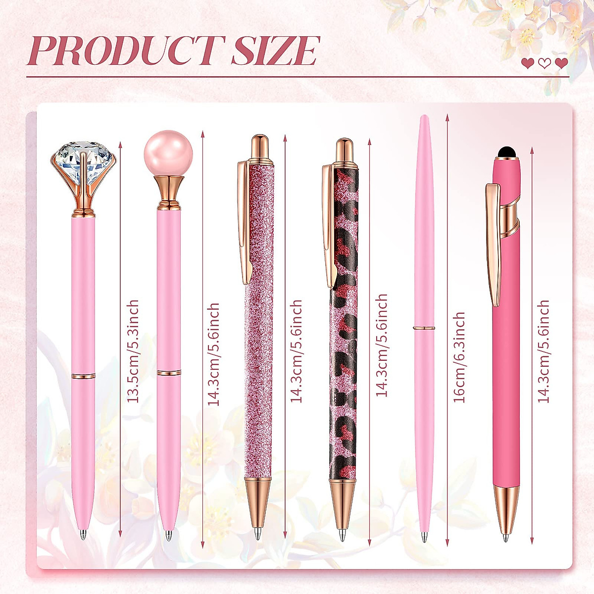 Qeeenar 6 Pcs Ballpoint Pens Set Metal Crystal Diamond Pen for Journaling Glitter Pretty Cute Stationery Black Ink Fancy Gifts for Women Girls Teacher Office Wedding School Supplies(Pink Series)