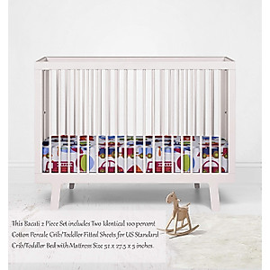 Bacati - 2 Pack Crib Fitted Sheets - Transportation Print Breathable 100% Cotton Percale Baby Sheets - Fits Standard 28 x 52 X 5 inches Crib & Toddler Mattresses