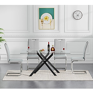 Glass Dining Table for 4 or 6, Rectangle Kitchen Table with X Shape Metal Legs, Tempered Glass Top Dining Room Table for 4, Dining Table for Dining Room Home Kitchen Glass Dintte Table
