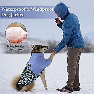 SAWMONG Fleece Dog Winter Coat, Leopard Waterproof Dog Jacket, Warm Thicked Dog Coat with Harness, Dog Vest Cold Weather Clothes Pet Apparel for Small Medium Large Dogs,Blue M