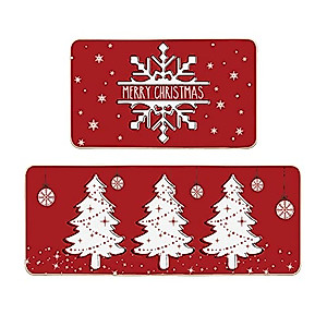 Artoid Mode Red Snowflake Merry Christmas Tree Welcome Decorative Kitchen Mats Set of 2, Home Party Low-Profile Kitchen Rugs - 17x29 and 17x47 Inch