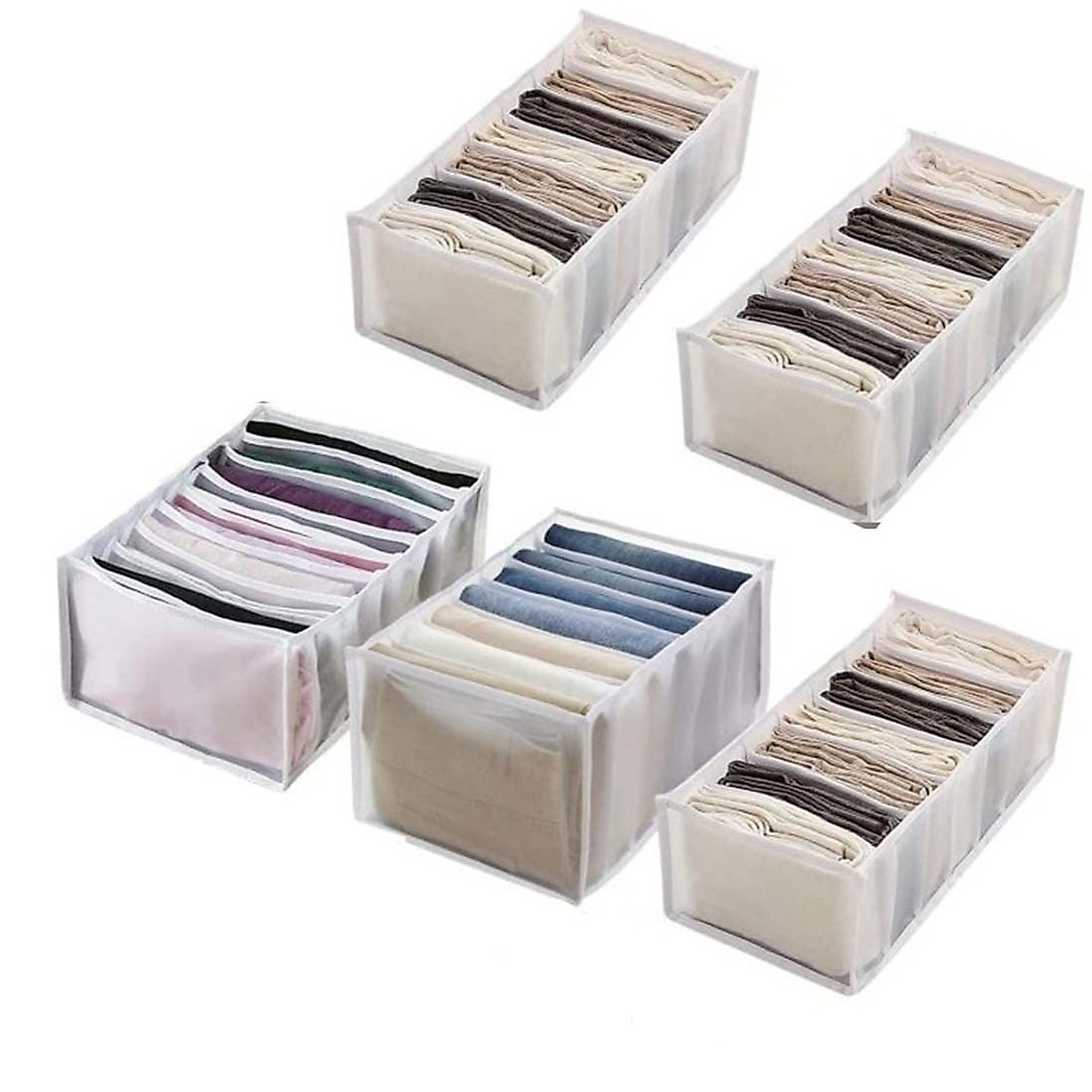 Aoser Wardrobe Clothes Organizer（5pcs）, 7 Grids Washable Wardrobe Clothes Organizer, Jeans Compartment Storage Box, Closet Organizers (1 Set of Mix)
