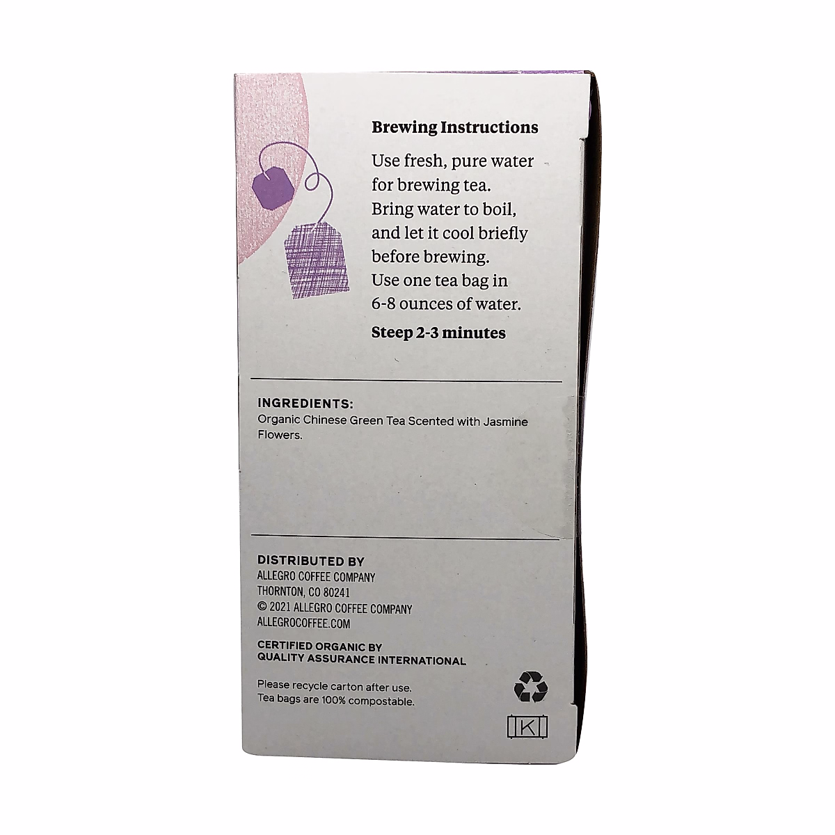 Allegro Tea, Organic Jasmine Green Tea Bags, 20 ct