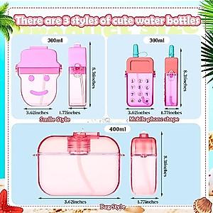 Honeydak 3 Pcs Cute Water Bottles with Straws Camera Ice Cream Bar Watermelon Adjustable Strap Plastic Water Bottle for School Kids (Novel Style,Pink)
