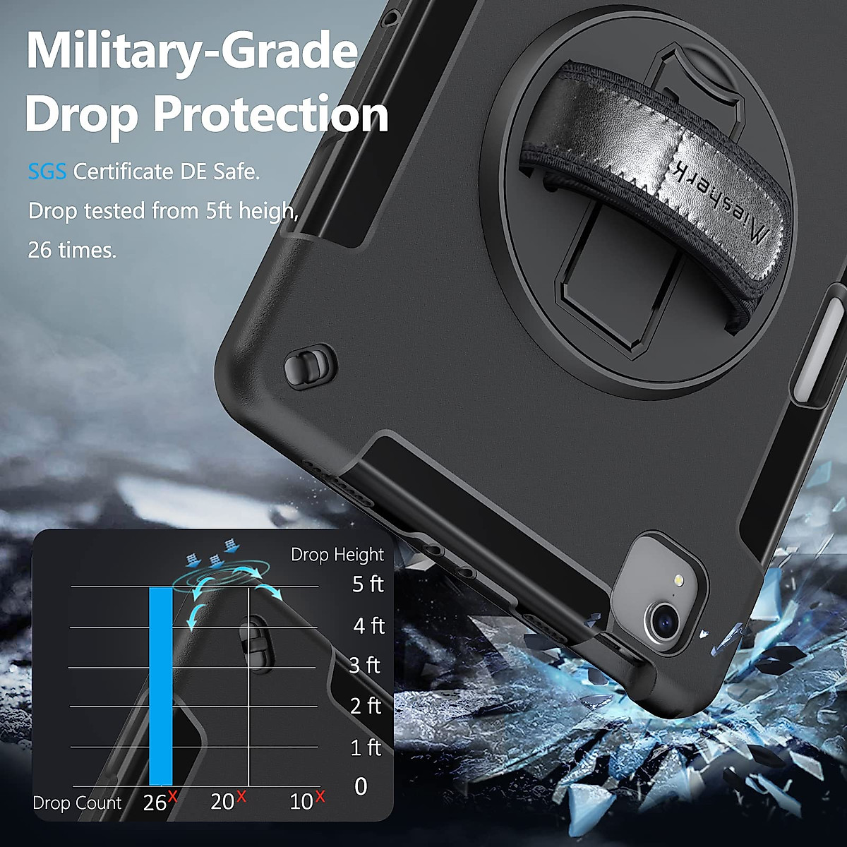 Miesherk Case for iPad Air 5th Generation Case: Compatible with iPad Air 5 Case 2022 Heavy Duty Shockproof Protective Cover-Pencil Holder-Rotating Stand-Hand/Shoulder Strap for iPad 10.9 2020 Black