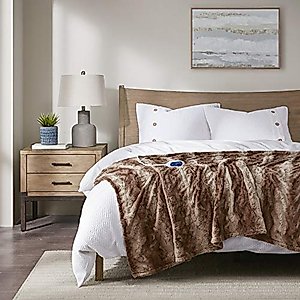 Beautyrest Zuri Reversible Faux Fur to Mink Electric Blanket, Auto Shut Off, Virtually Zero EMF, Multi Heat Setting, UL Certified, Machine Washable, Tan Tip Dye Throw 50x70"