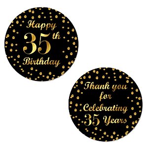 35th Birthday Round 2 Inch Big Glossy Stickers, Thank You for Celebrating 35 Years Black and Gold Labels, Great for Party Favors, Decorations, Tags, Gift Bags and Supplies. Made in USA