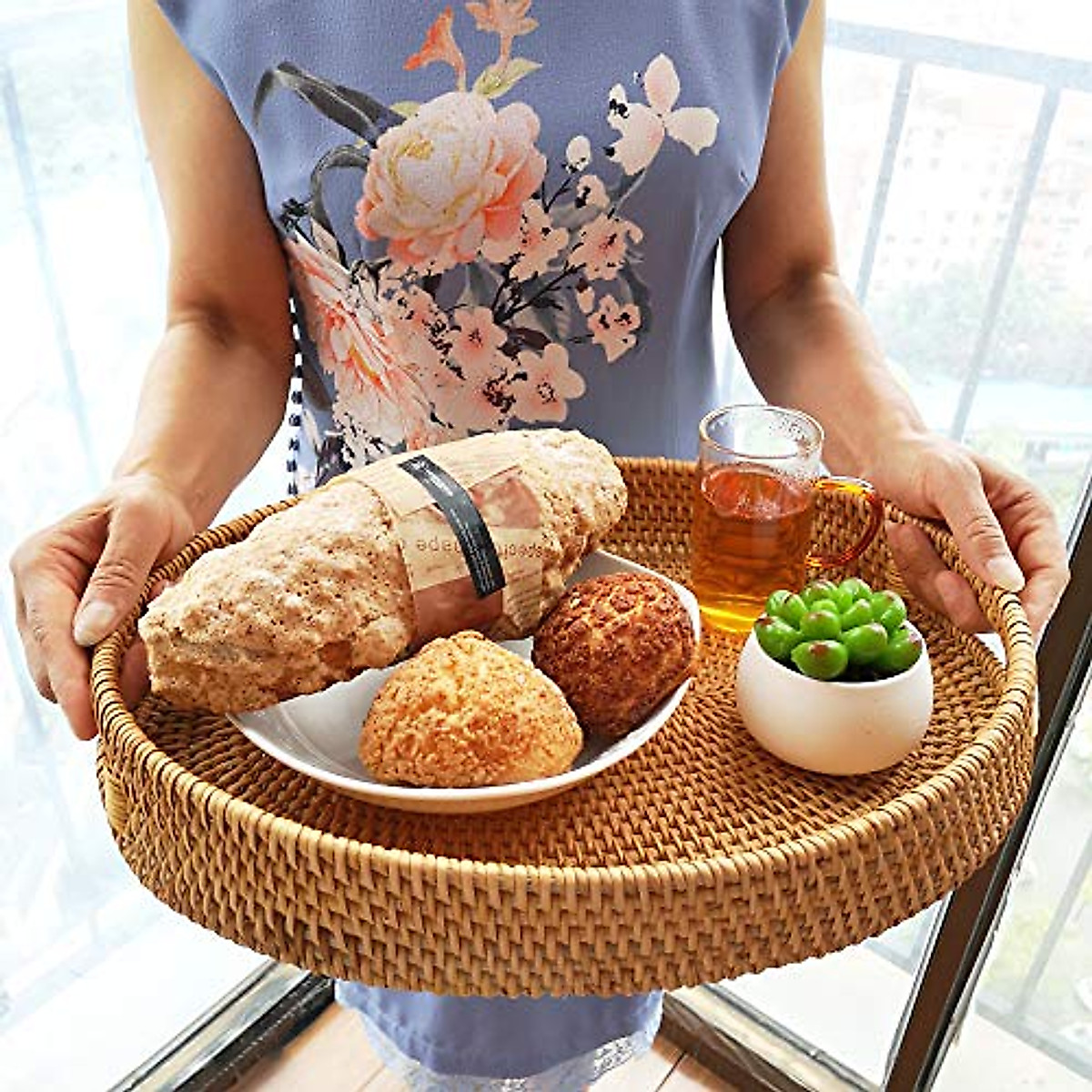 Oval Rattan X-Large Severing Tray for Fruit,Breakfast, Drinks,Food Storage Platters Plate Snack for Coffee Table, 17” Wicker Woven Serving Basket Ottoman Tray with Handles and 2.5”High Wall（XXL-43cm）