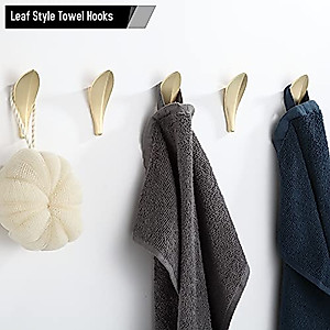 BGL Bath Towel Hooks Brushed Gold Pack of 5 Coat Hooks Wall Mount Leaves Design Heavy Duty Wall Hooks for Bathroom Kitchen Hallway Storage & Decoration