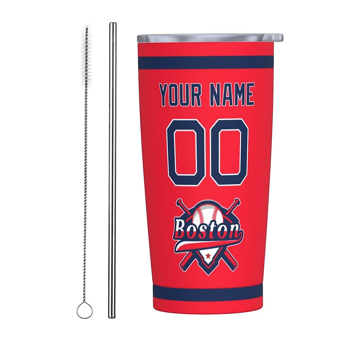 Boston Custom Baseball 20oz Tumbler,Add Personalized Name And Number,Personalized Travel Coffee Mug, Stainless Steel, Insulated, Keep Drinks Cold And Hot,Gifts For Baseball Fans