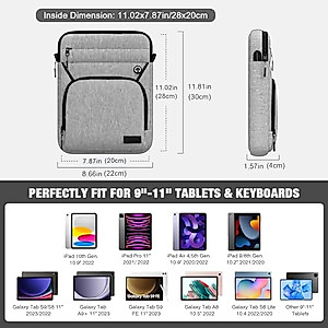 MoKo 9-11 Inch Tablet Sleeve Bag, Fits New iPad Air/Pro 11 inch 2024,iPad Air 5/4th 10.9,iPad 9/8/7th 10.2,iPad 10th Gen 10.9,Tab S9 11,Multifunctional Bag with Shoulder and Headphone Port, Light Gray