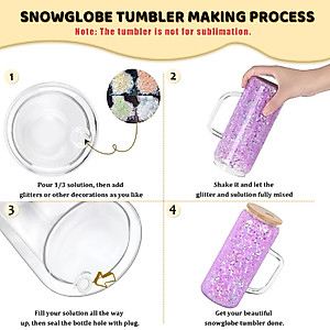 Maucircol 20 Oz Snow Globe Glass Cup With Handle, 6 Pack Pre-Drilled Double Wall Glass Coffee Mug For Snow Globe Diy Glitter, Double Wall Snow Globe Tumbler with Bamboo Lid