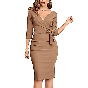 MUXXN Ladies Retro Cut Out Neck Elbow Sleeves Graduation Party Pencil Dress (Camel L)