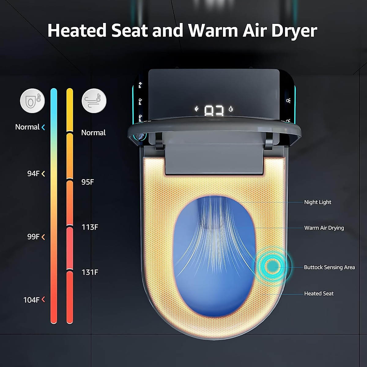 Smart Toilet with Auto Open/Close Lid, Bidet Toilet Pump-assisted, Blackout Flush, Heated Seat, Dual Auto Flush, Warm Water, Foot Sensor Operation, Tankless Elongated Toilets with LED Display