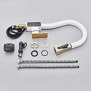 Yalsfowe Kitchen Faucets with Pull Down Sprayer, Temperature Display Kitchen Faucet, Single Handle Kitchen Faucet, Kitchen Mixer Tap, Kitchen Sink Faucet Brass ,White Gold