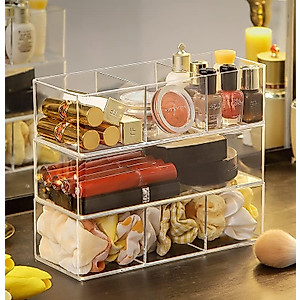 POPPEYGO Stackable Clear Drawer Organizers Small Makeup Vanity Storage Bins Trays and Office Desk Drawer Dividers Single Compartment 2 Pack