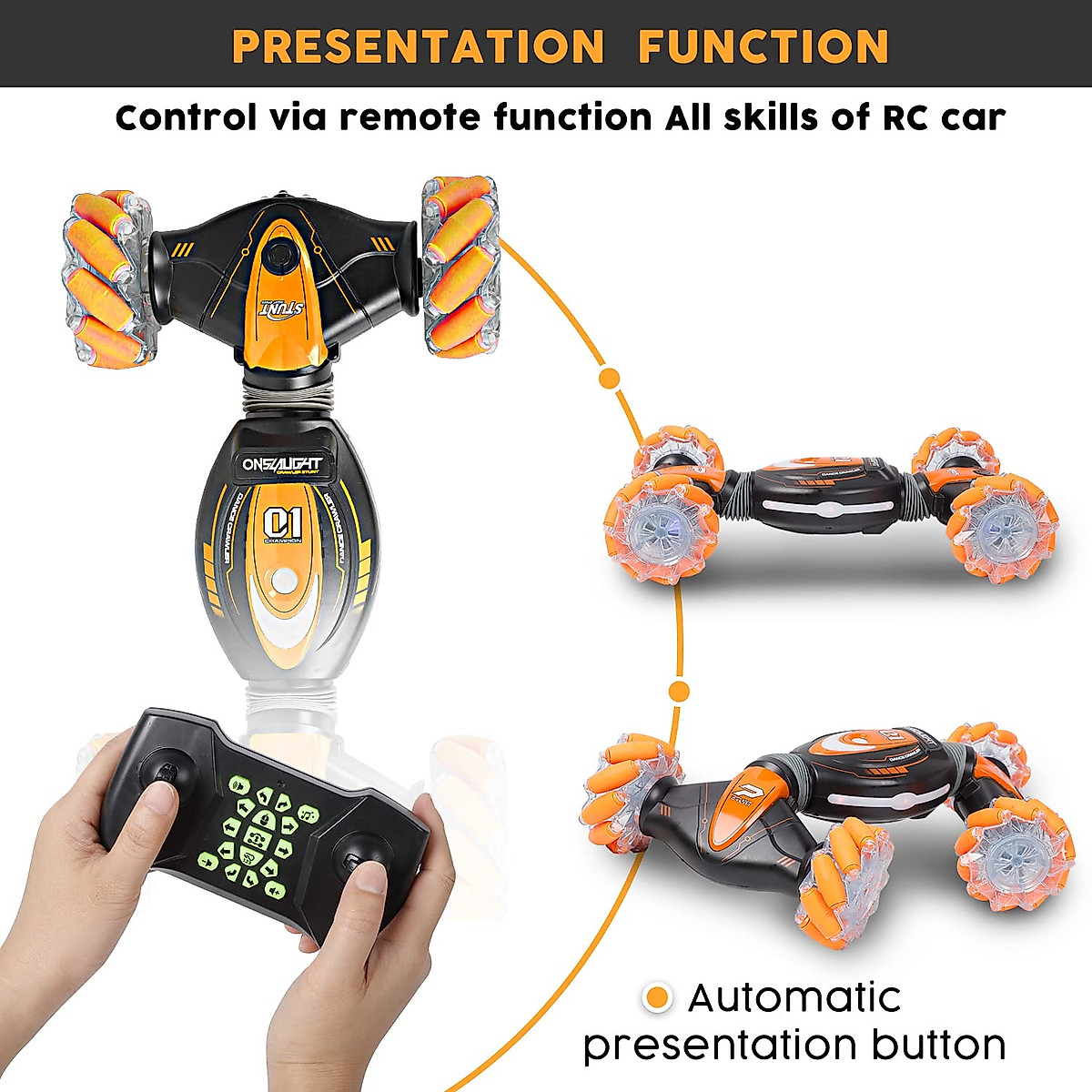 Ruirtarci Music Water Spray RC Car, 4 Wheel Drive Stunt Car Toy for Kids, Hobby RC Crawlers, Double Sided Rotating 360°Remote Control Car, Dual-Color (Orange)