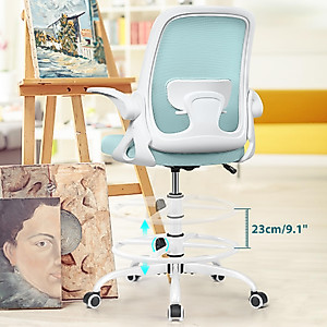 Winrise Drafting Chair Tall Office Chair Ergonomic Desk Chairs with Lumbar Support and Flip-up Armrests, Adjustable Height Comfy Computer Chair with Swivel Task and Adjustable Foot Ring(L-Blue)