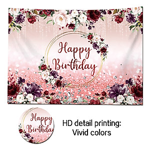 Burgundy Flower Happy Birthday Photography Backdrops 72.8x43.3inch Rose Gold Glitter Blush Photo Background for Women Lady Girl 16th 30th Birthday Party Decorations Banner Photo Booth Supplies