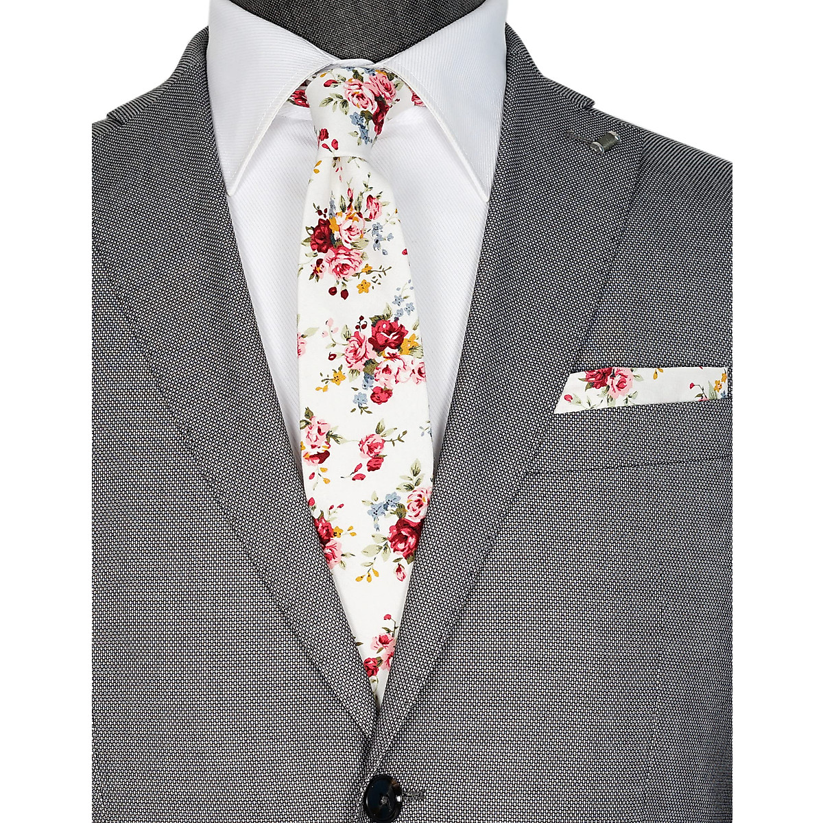 ZENXUS Mens Cotton Skinny Rose Floral White Tie Combo Set with Flower Pocket Square