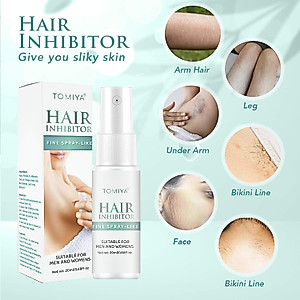 Tomiya Hair Inhibitor - Hair Stop Growth Spray - With 5 Wax Strips - Natural Ingredient to Inhibit and Reduce to Stop Hair Growth - Safe for Face, Arm, Leg, Armpit Use - Smooth Your Skin - 20 ML