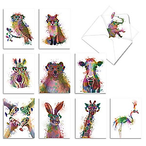 The Best Card Company - 10 Mixed Animals Watercolor Greeting Cards Blank with Envelopes, Thinking of You Thank You Notecards Set 4 x 5.12, Funky Rainbow Wildlife M4948OCB-B1x10